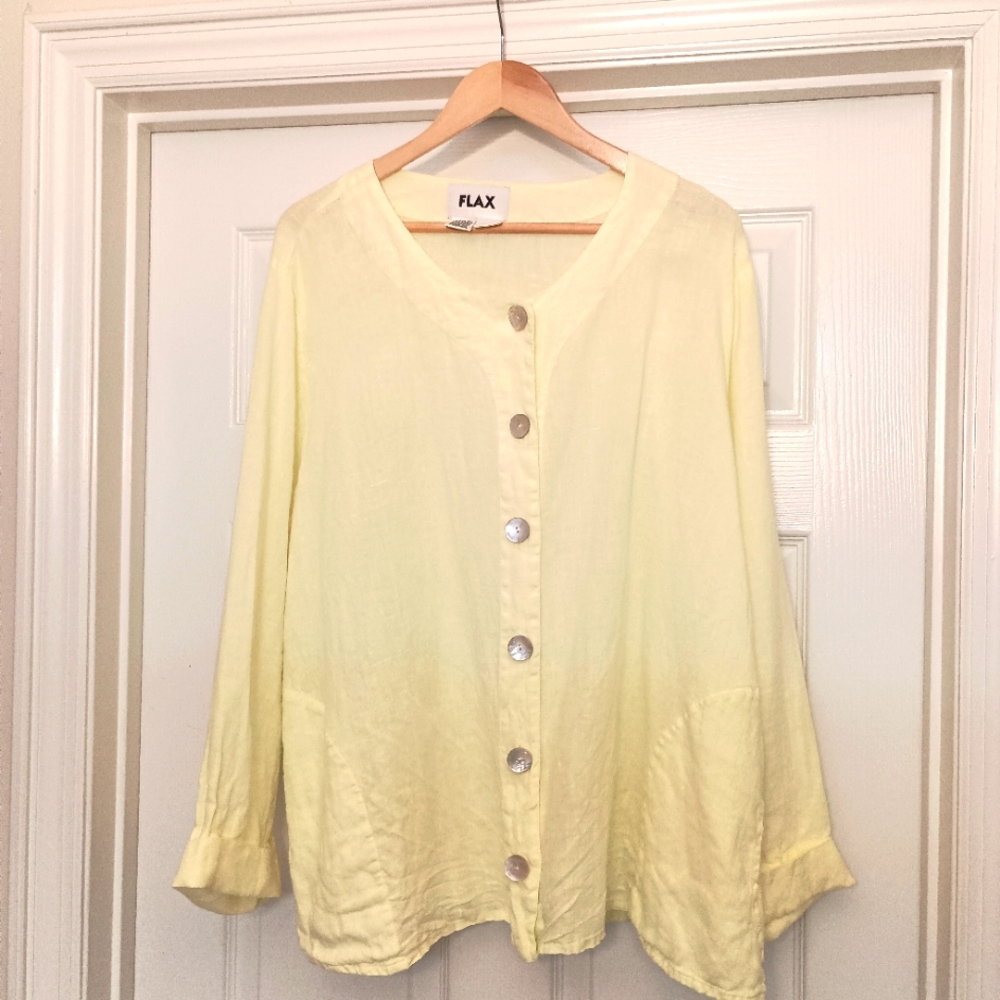 Flax Soft Yellow Linen Button Down Shirt Jacket Size … - Gem